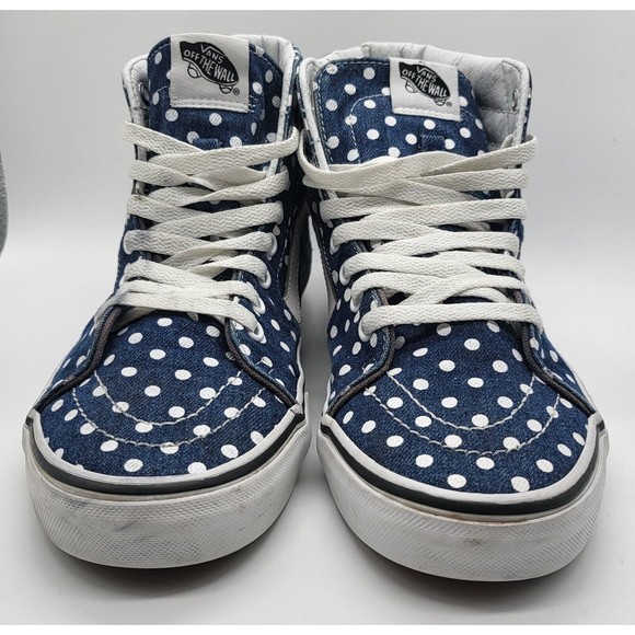 Vans | Shoes | Vans Sk8 Hi Top Skate Shoes Blue Denim White Polka Dots ...